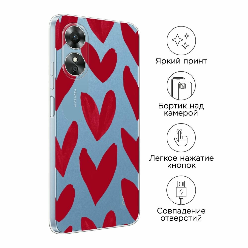 Чехол на Oppo A17 / Оппо A17 с принтом "Красные сердечки рисунок - 14 февраля", прозрачный — фото 1