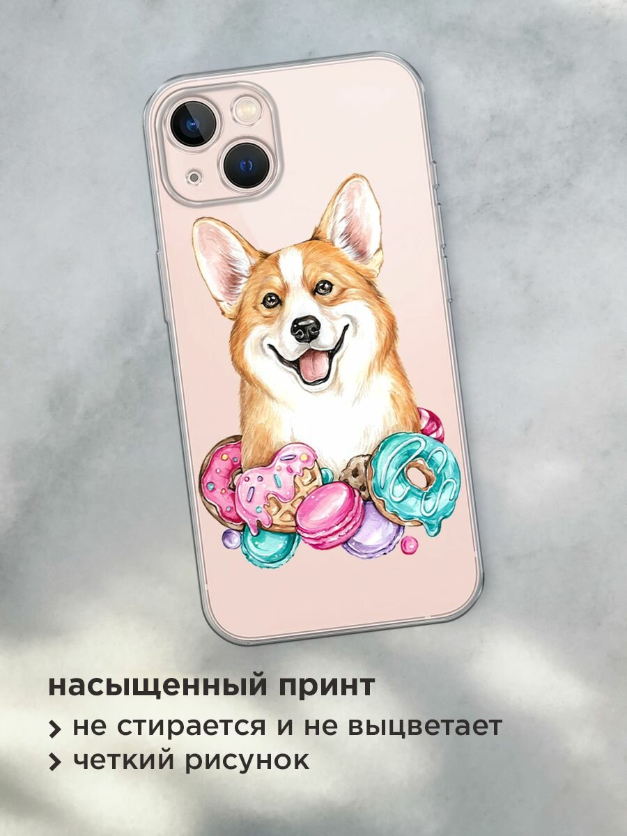 Чехол на Apple iPhone 13 / Айфон 13 с принтом "Корги и сладости", прозрачный — фото 1