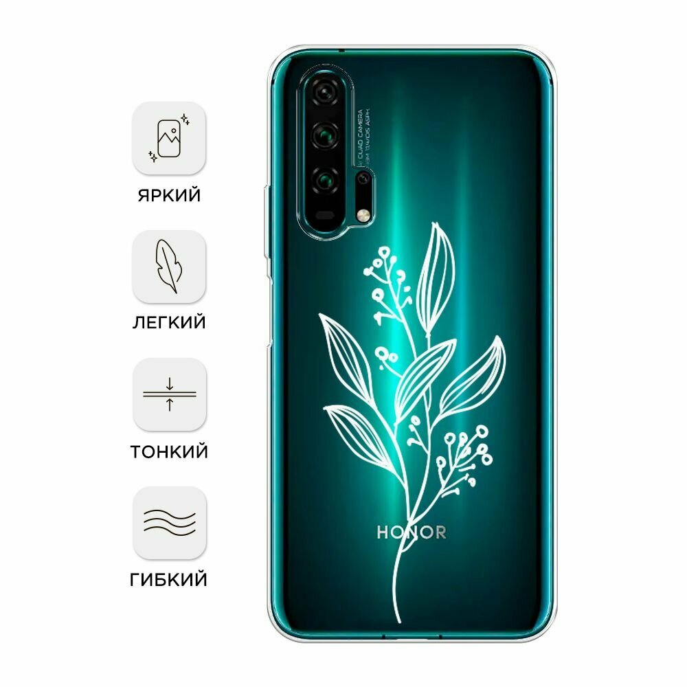 Чехол на Honor 20 Pro / Хонор 20 Про с принтом "Ветка с листочками и цветами", прозрачный — фото 1