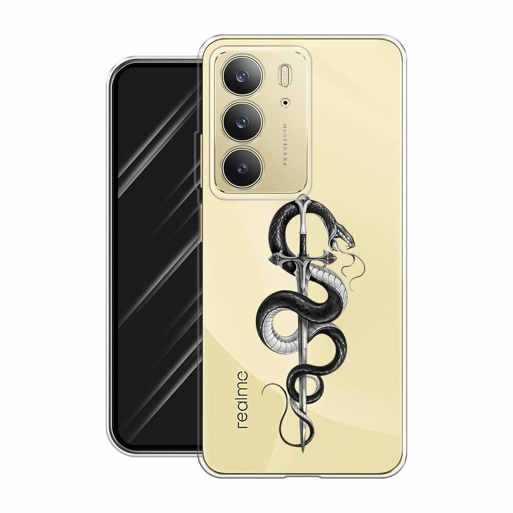 Чехол на Realme C75 4G / Реалми C75 4G с принтом "Змея с мечом чёрная", прозрачный — фото 1