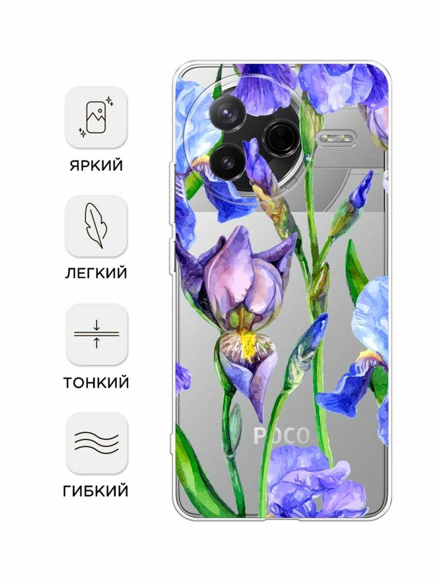Чехол на Poco F7 Pro / Поко F7 Про с принтом "Синие ирисы", прозрачный — фото 1