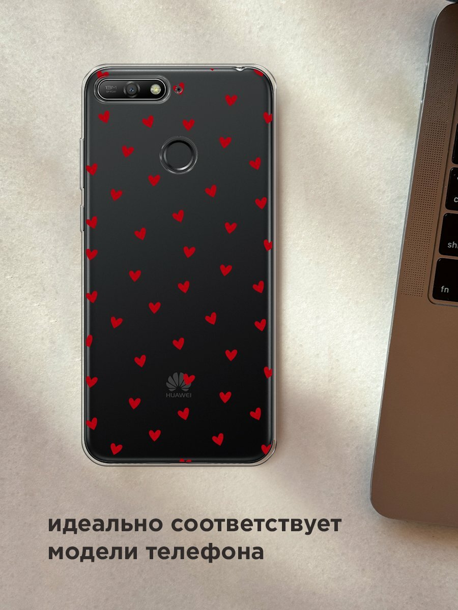 Чехол на Honor 7C/7A Pro/Huawei Y6 Prime 2018 / Хонор 7С/7А Про/Хуавей Y6 Prime 2018 с принтом "Red hearts", прозрачный — фото 1