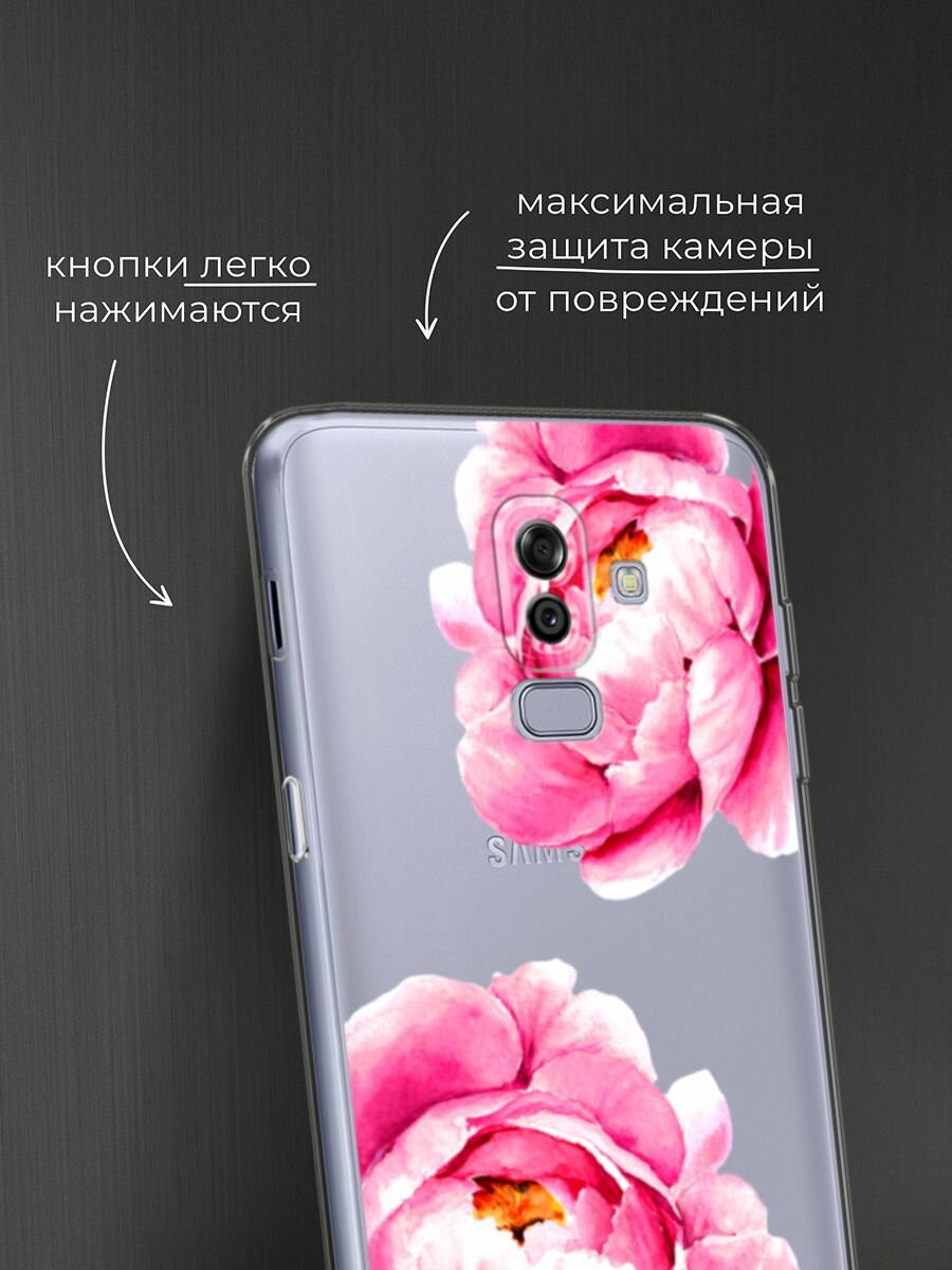 Чехол на Samsung Galaxy J8 / Самсунг Галакси Джей 8 с принтом "Open peonies", прозрачный — фото 1