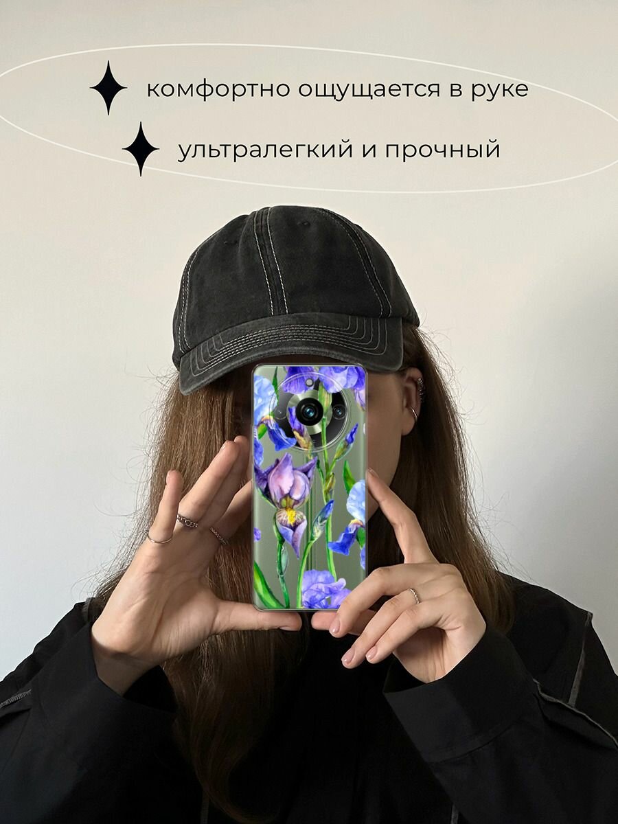 Чехол на Realme 11 Pro / Реалми 11 Про с принтом "Синие ирисы", прозрачный — фото 1
