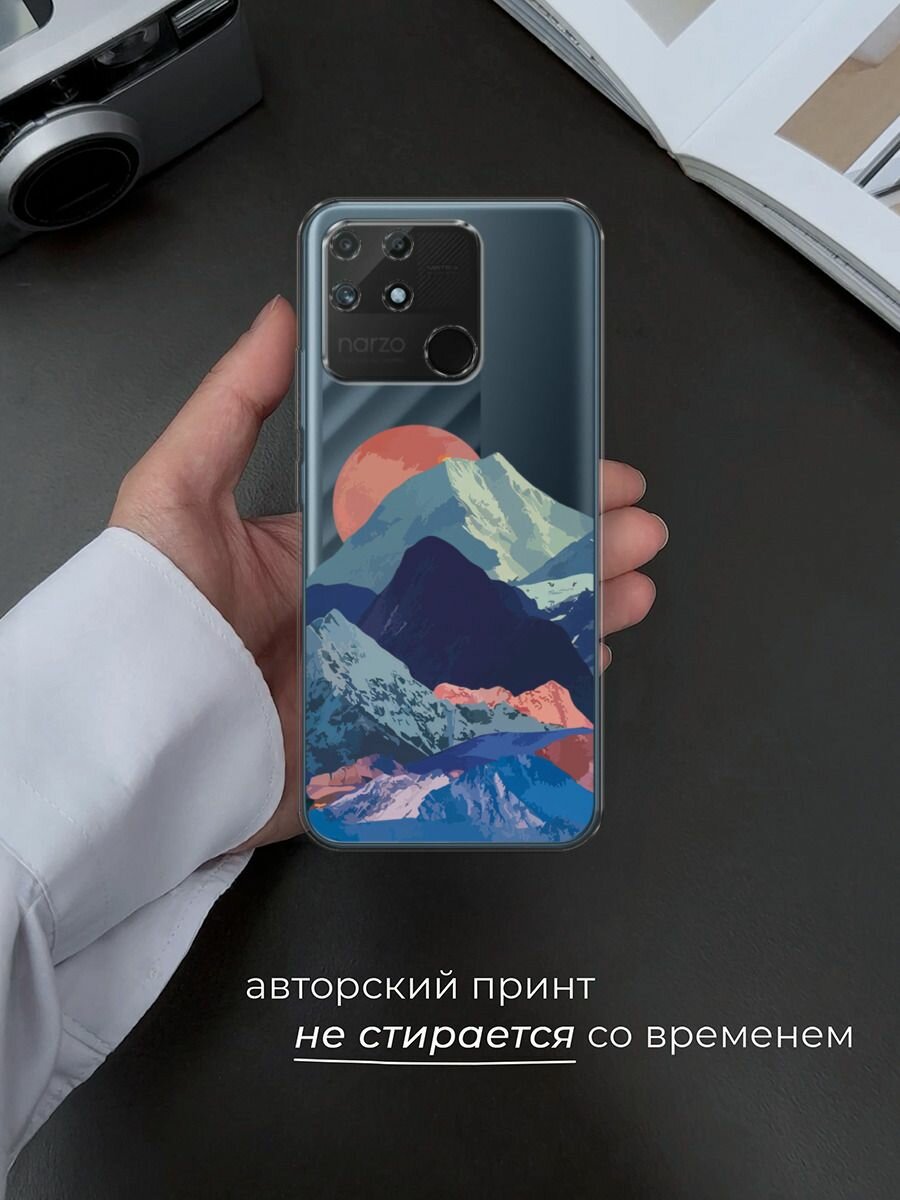 Чехол на Realme Narzo 50A / Реалми Нарзо 50A с принтом "Закат в снежных горах", прозрачный — фото 1