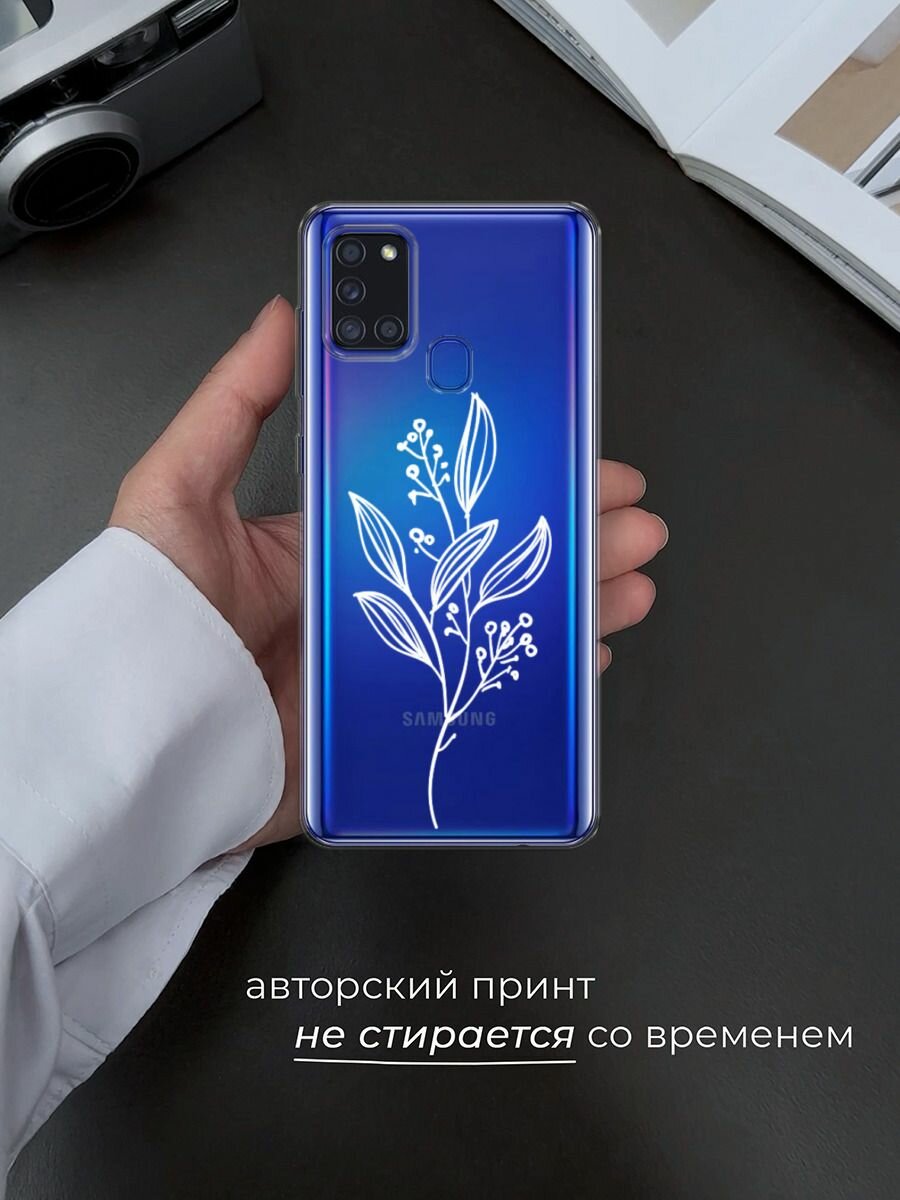 Чехол на Samsung Galaxy A21s / Самсунг Галакси A21s с принтом "Ветка с листочками и цветами", прозрачный — фото 1