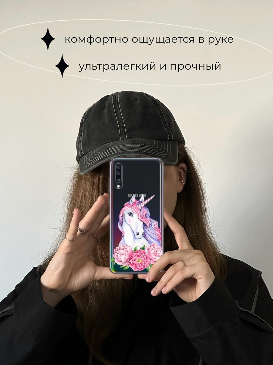 Чехол на Samsung Galaxy A70 / Самсунг Галакси А70 с принтом "Единорог с пионами", прозрачный — фото 1