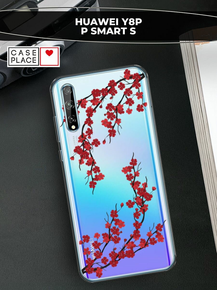 Чехол на Huawei Y8p/P Smart S / Хуавей Y8p/P Smart S с принтом "Красная сакура", прозрачный