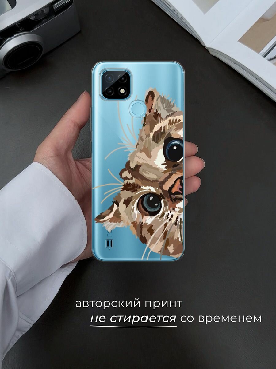 Чехол на Realme C21 / Реалми С21 с принтом "Любопытный кот", прозрачный — фото 1
