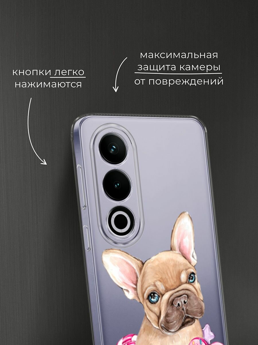 Чехол на Oneplus Ace 3V / Ван Плас Эйс 3V с принтом "Бульдог и сладости", прозрачный — фото 1