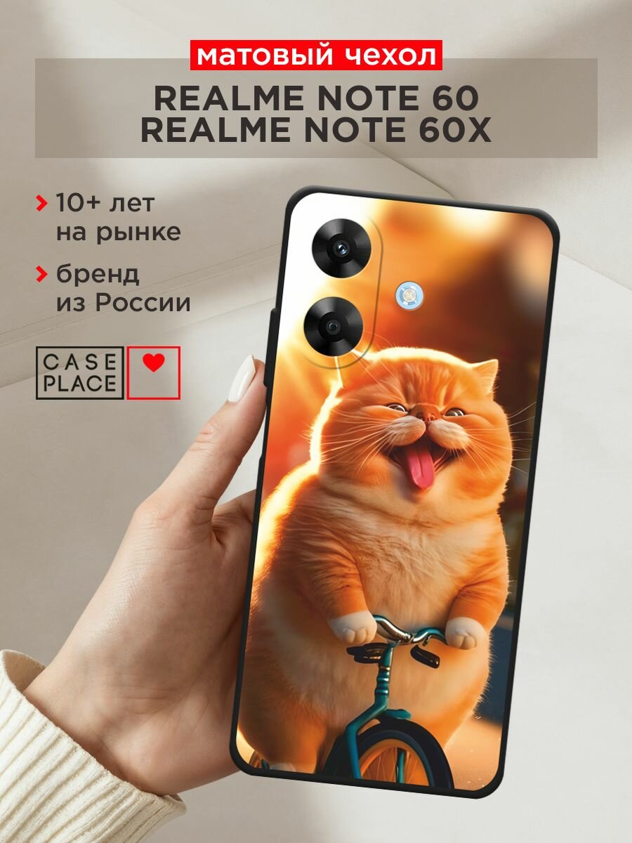 Черный матовый чехол на Realme Note 60/60X / Реалми Нот 60/60X с принтом "Кот на велике"