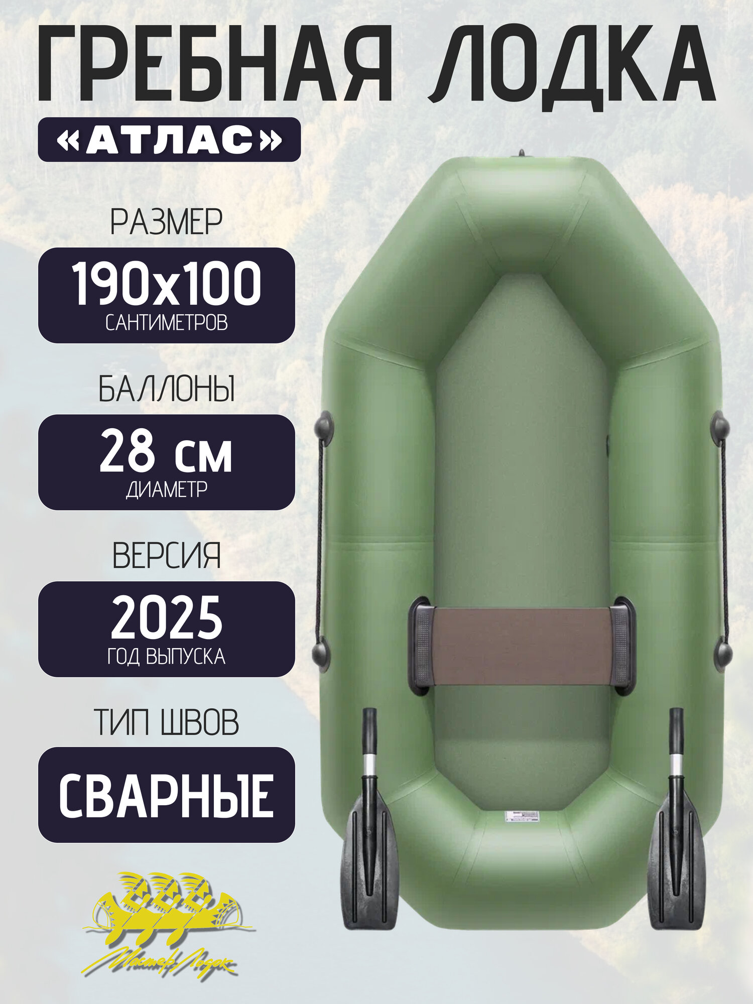 Лодка надувная ПВХ Атлас 190 для рыбалки гребная Мастер Лодок