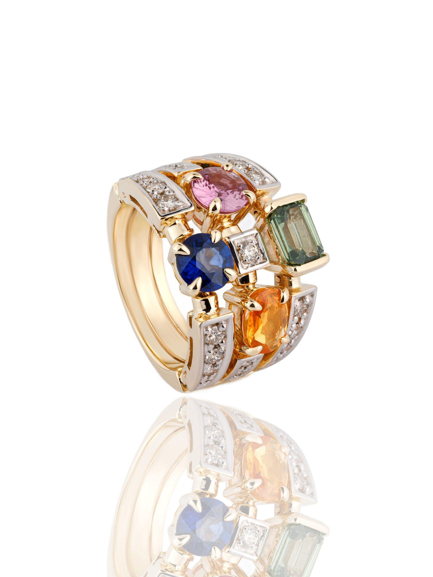 Кольцо обручальное Gatamova, желтое золото, 585 проба, родирование, сапфир, бриллиант