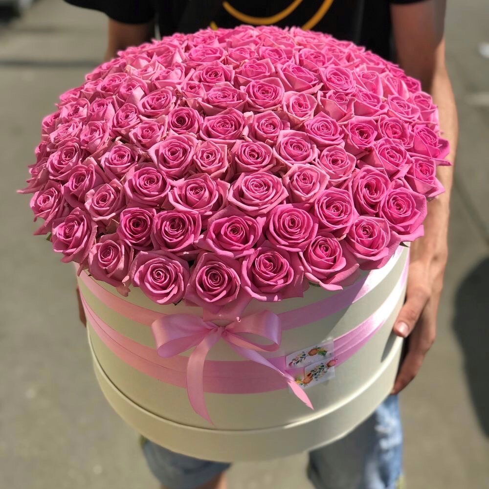 Букет из розовых роз 101 шт в шляпной коробке, красивый букет цветов, шикарный, премиум цветы, премиум букет