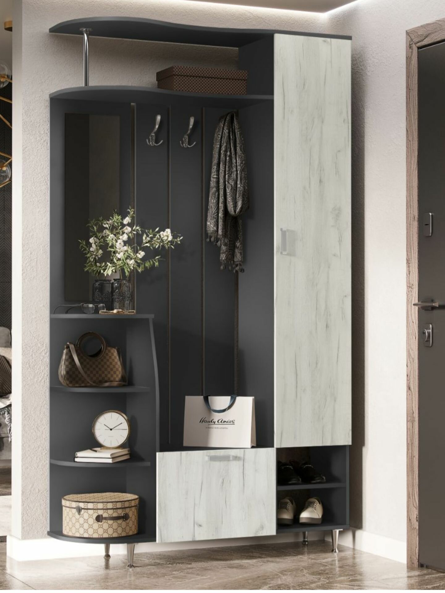 Прихожая Лика № 2 (Графит/Дуб Крафт Белый) 1 1200х2150х370 мм.