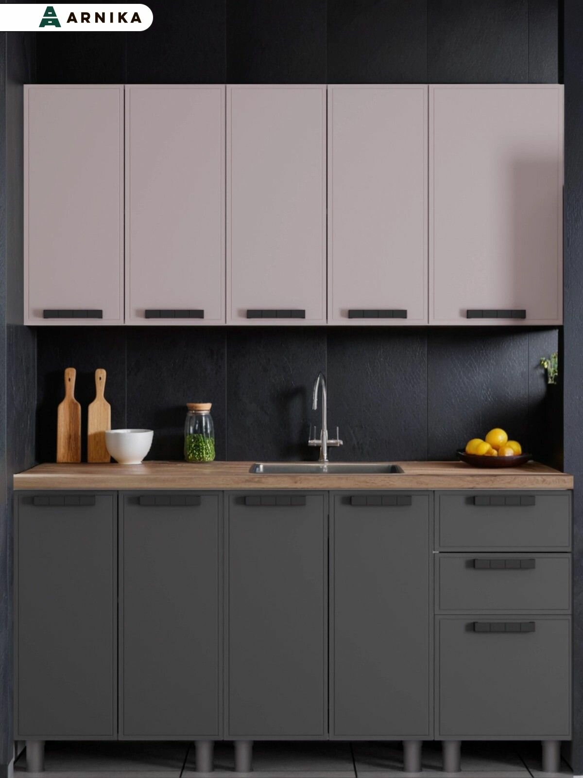 ARNIKA Кухонный гарнитур 1,6м Кашемир/Сталь, скоба черный, сонома