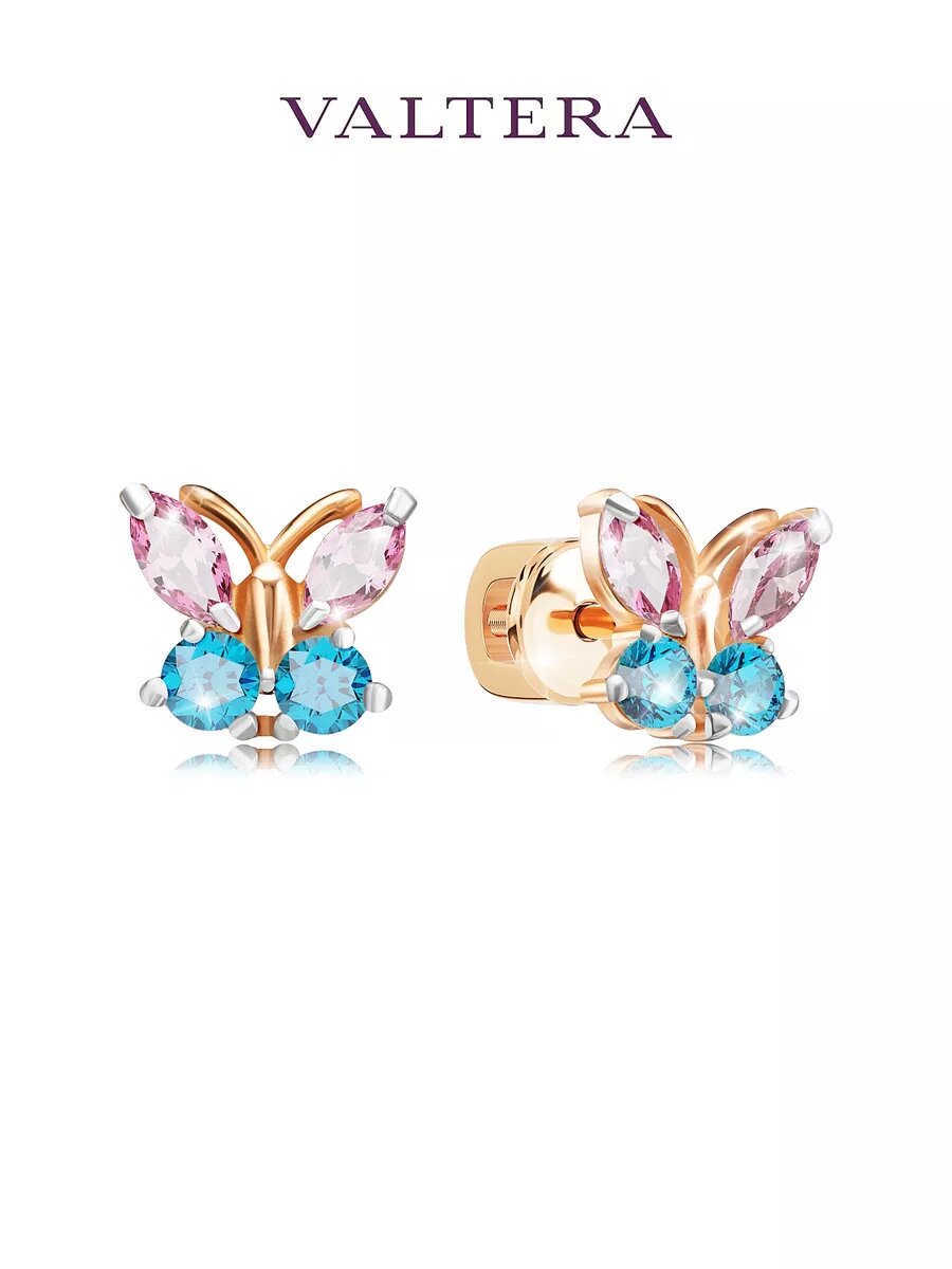 Серьги пусеты, серебро, 925 проба, золочение, фианит