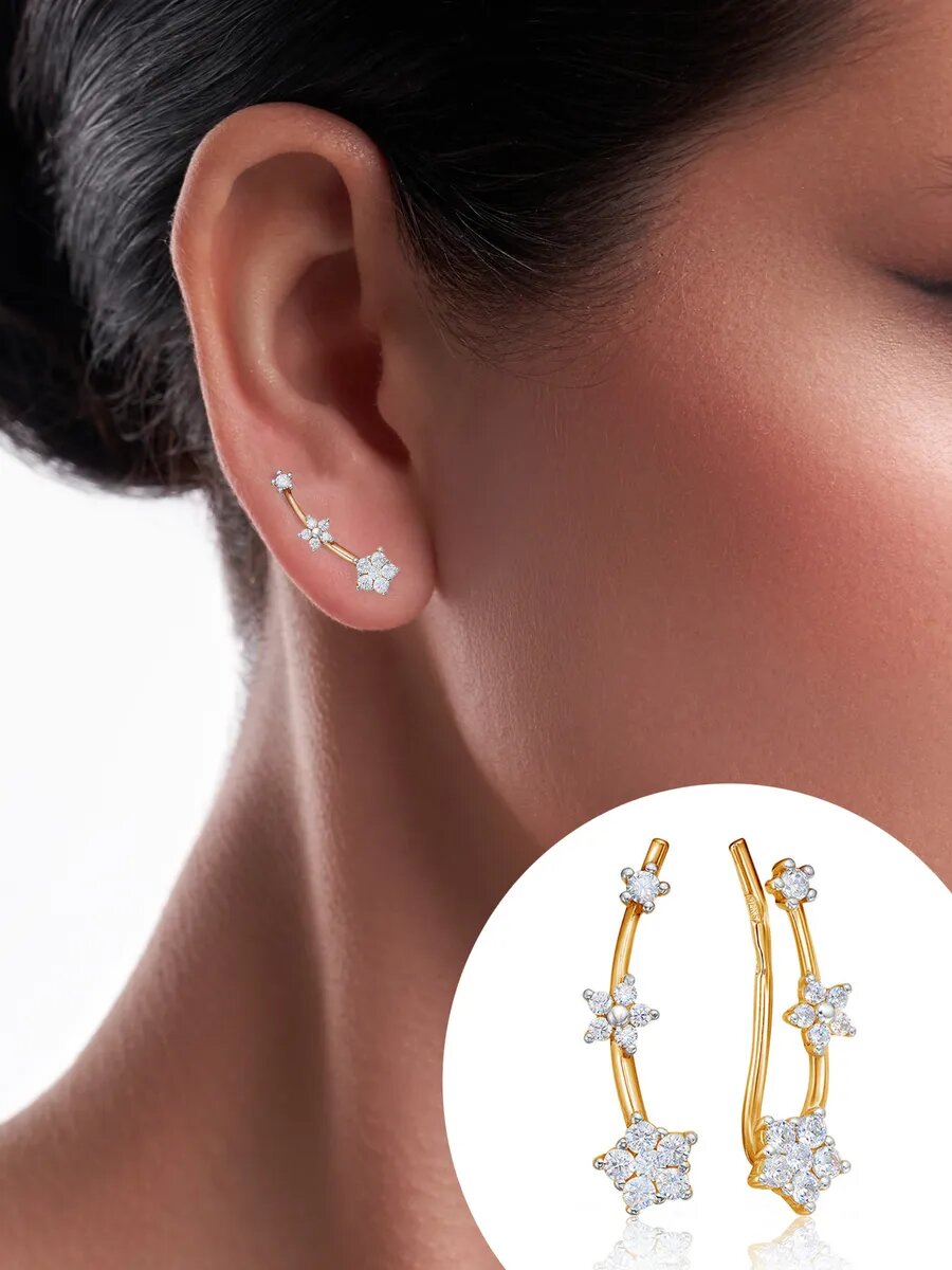 Серьги клаймберы, серебро, 925 проба, золочение, фианит