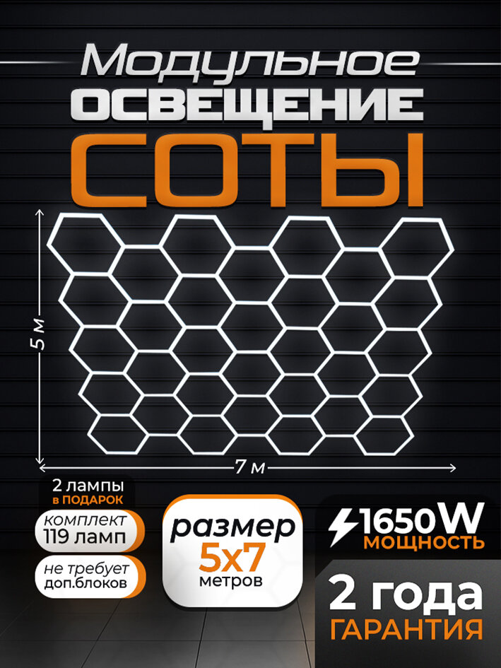 Комплект модульное освещение соты 5х7м 1650W для гаража, детейлинга