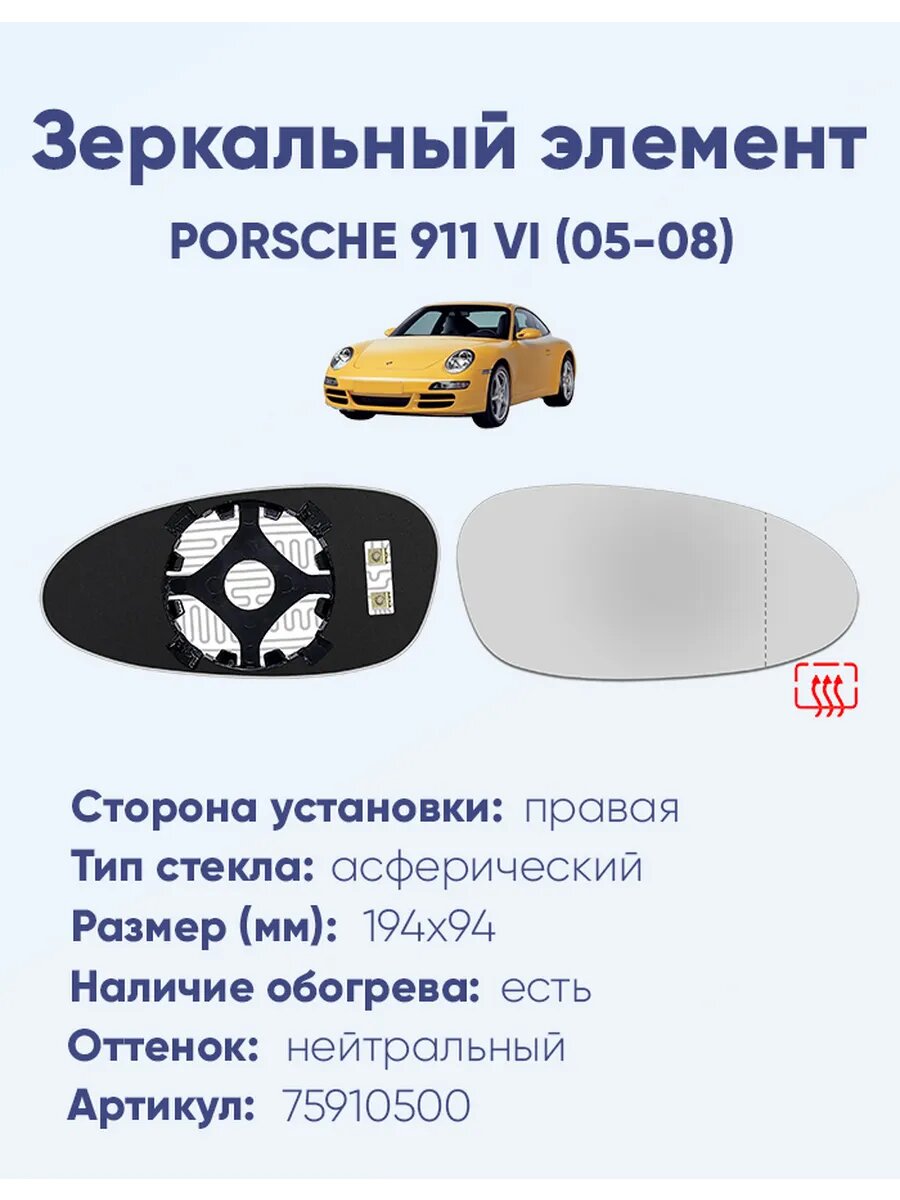 Зеркальный элемент правый PORSCHE 911 VI (05-08)A75910500