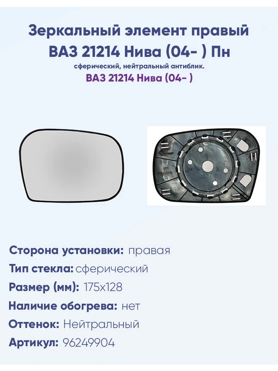 Зеркальный элемент правый ВАЗ 21214 Нива (04- ) Пн 96249904