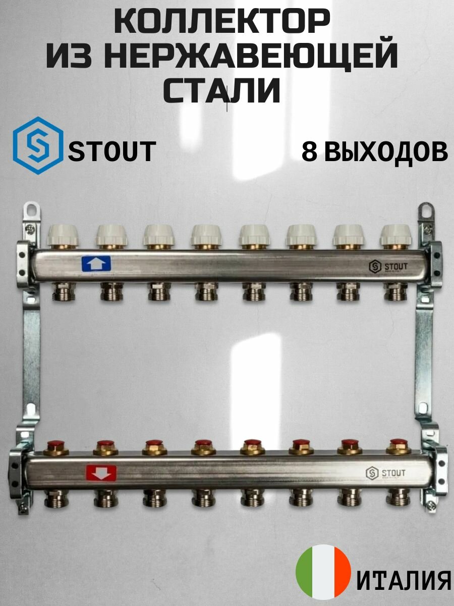 Коллектор из нержавеющей стали для тёплого пола арт SMS 0922 000008. 8-выходов.