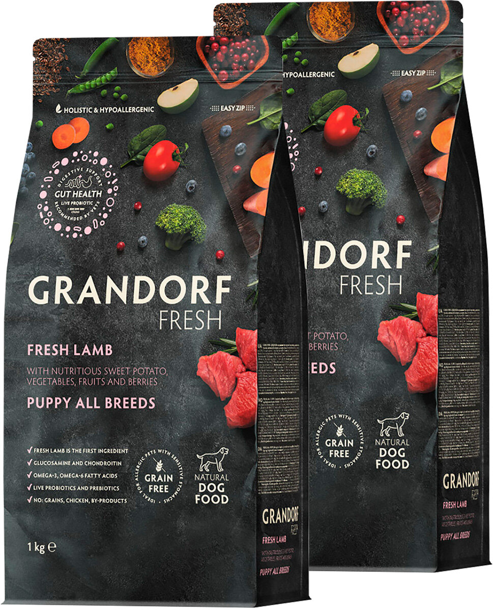 Корм сухой Grandorf Fresh Grain Free Puppy All Breeds Lamb & Sweet Potato беззерновой для щенков всех пород беременных и кормящих сук с ягненком и бататом, 1 кг х 2 шт