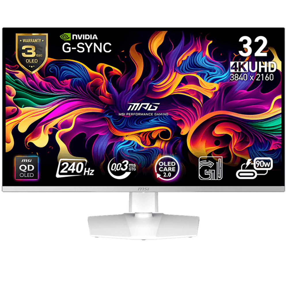 Монитор 31.5" MSI MPG 321URXW QD-OLED White (QD-OLED, 3840x2160, HDMI+HDMI+DP+Type C (90W), USB Hub, 0.03 ms, 178°/178°, 250 cd/m, 1500000:1, 240Hz, Pivot)