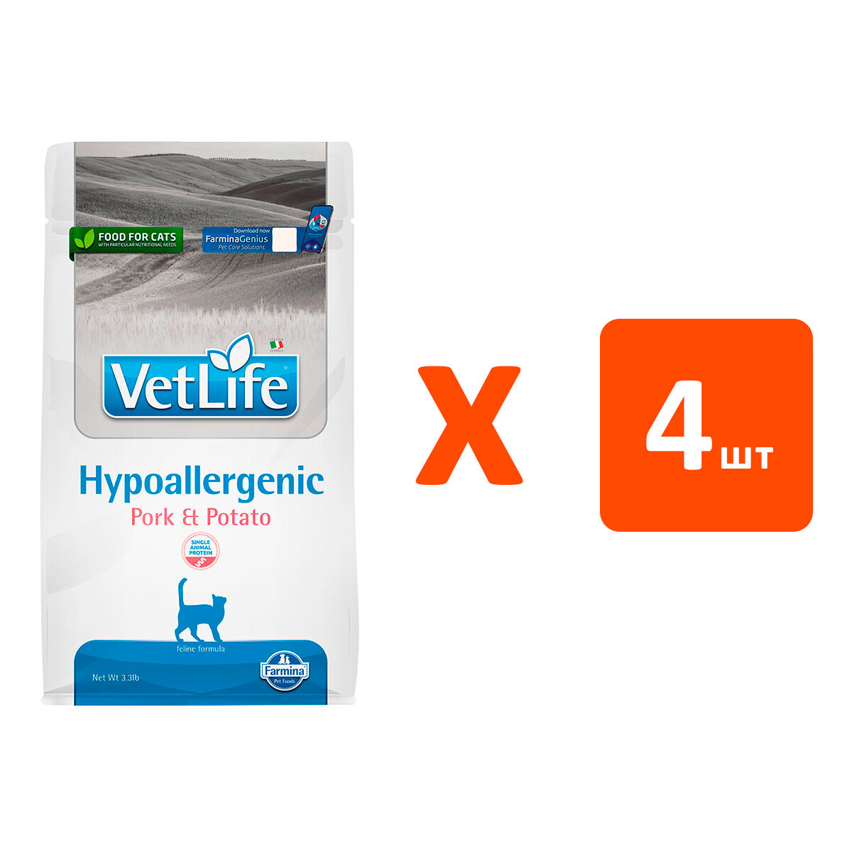 Корма сухой Farmina Vet Life Feline Hypoallergenic Pork & Potato для взрослых кошек, при пищевой аллергии непереносимости, картофель и свинина, 0,4 кг х 4 шт