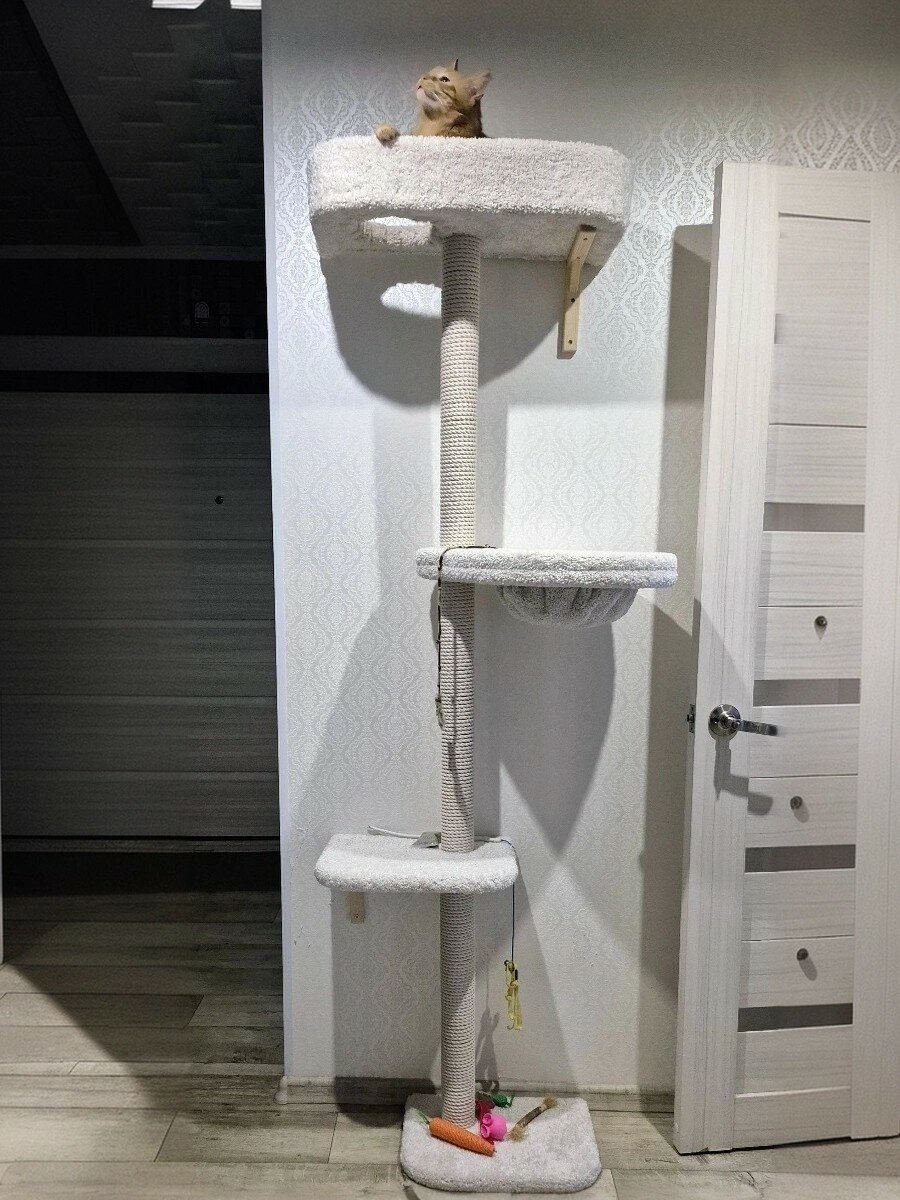 Настенный комплекс, когтеточка для кошек Моя Котя "Лиана Люкс" с гамаком, белый, хлопковый канат