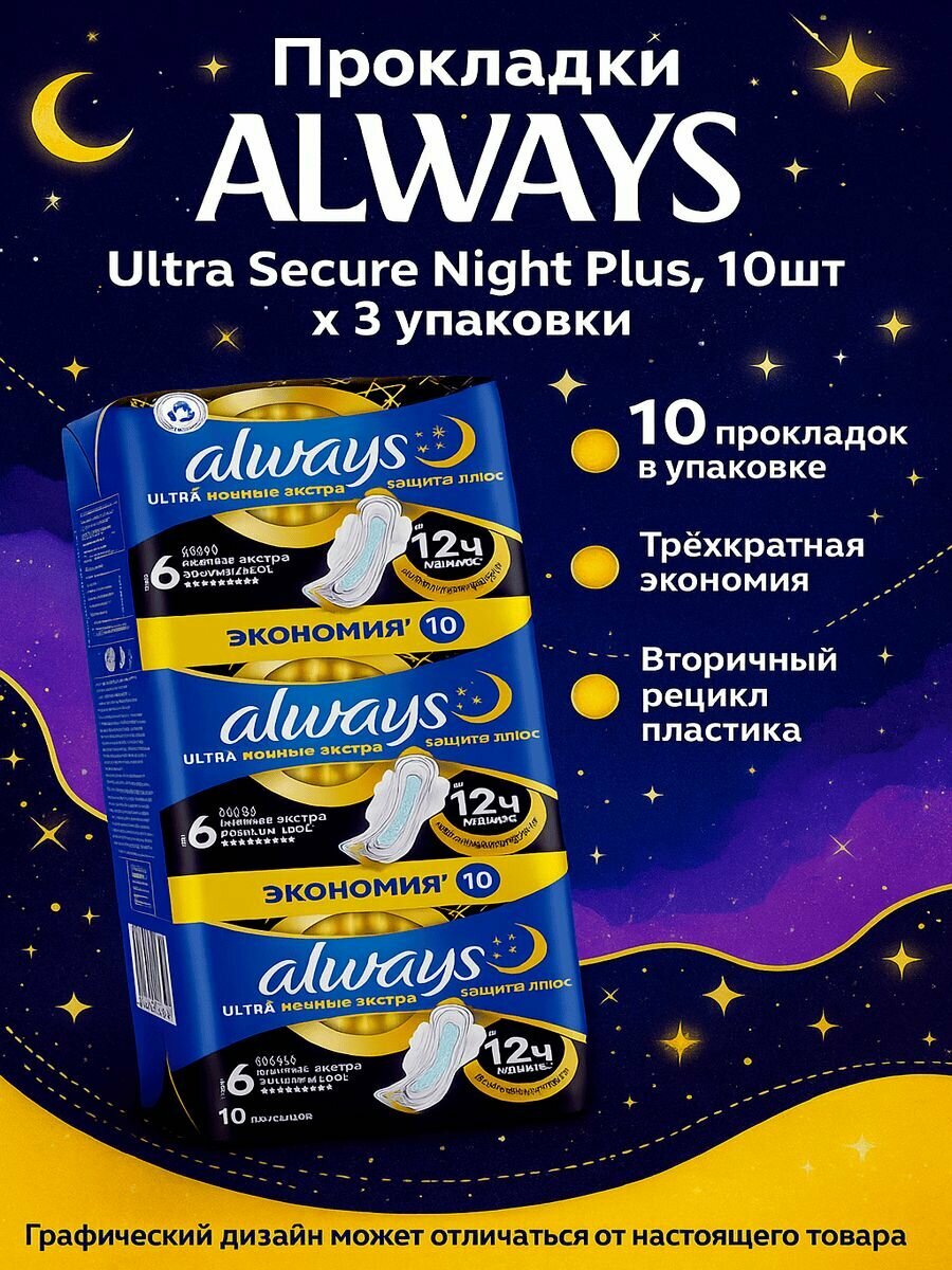 Прокладки ALWAYS Ultra Secure Night Plus, 10шт x 3 упаковки