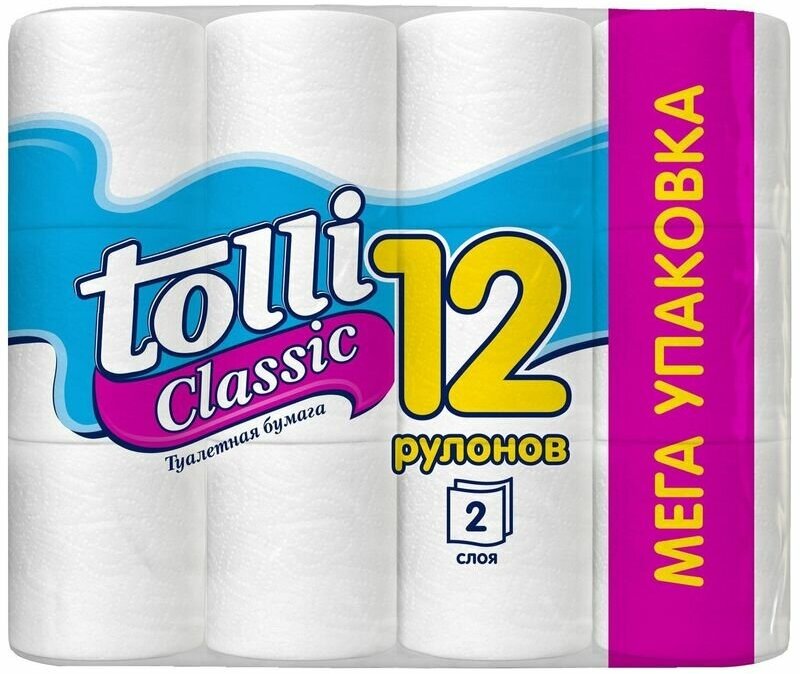 Бумага туалетная Tolli Classic 12 рулонов 2 слоя, мягкая, без запаха