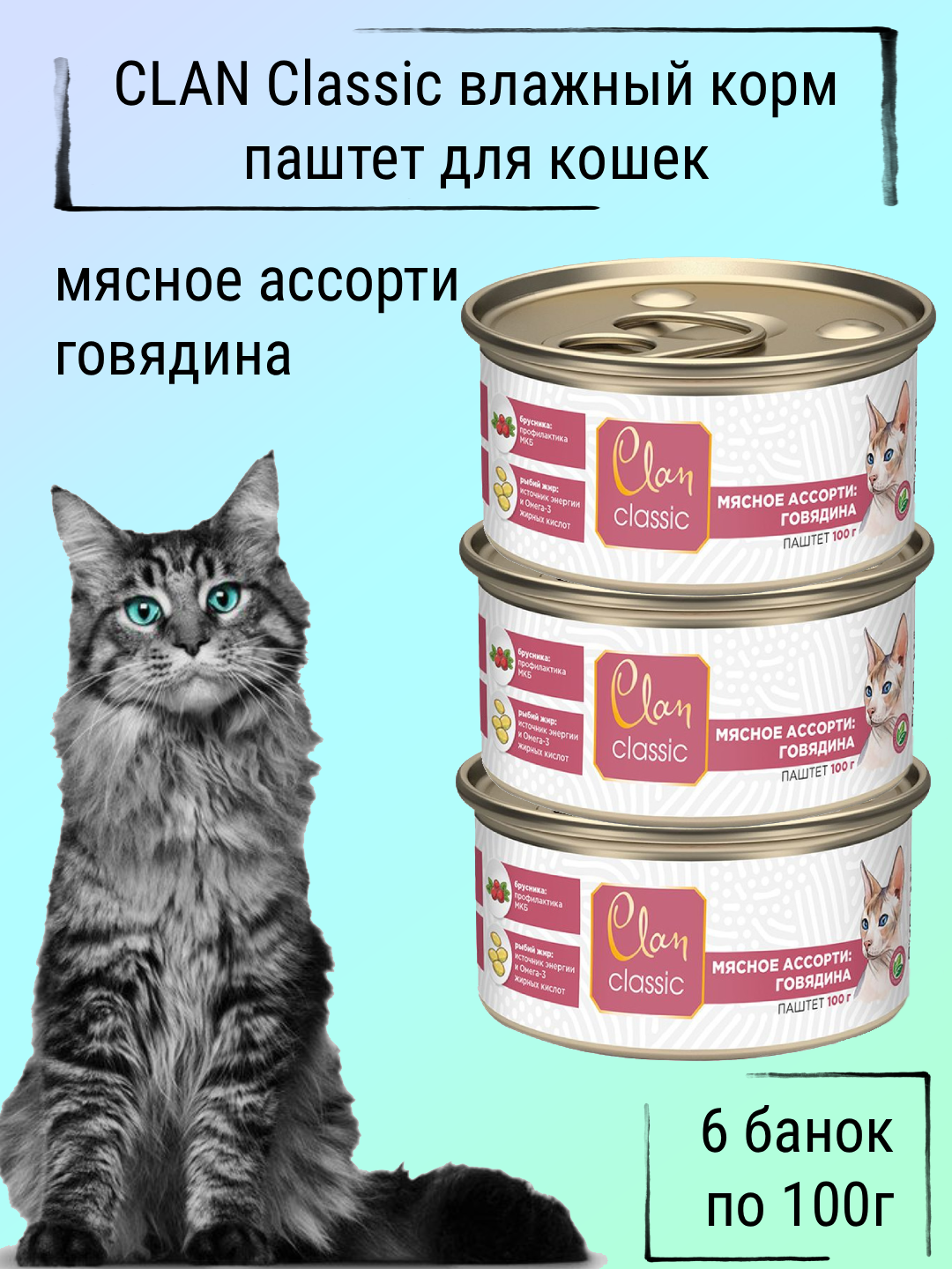Clan CLASSIC консервы паштет Мясное ассорти с говядиной для кошек 100гр (6 штук)