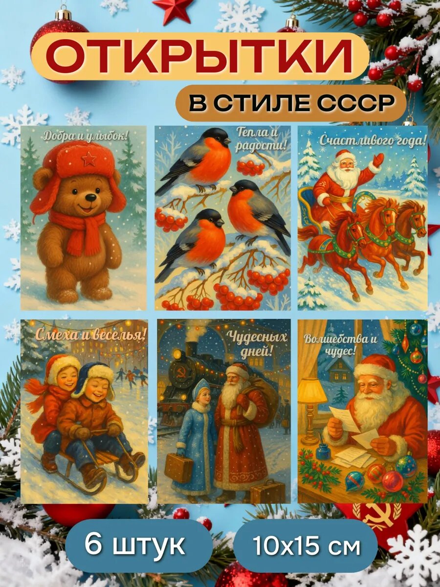 Набор новогодних открыток 6 шт 10х15см СССР