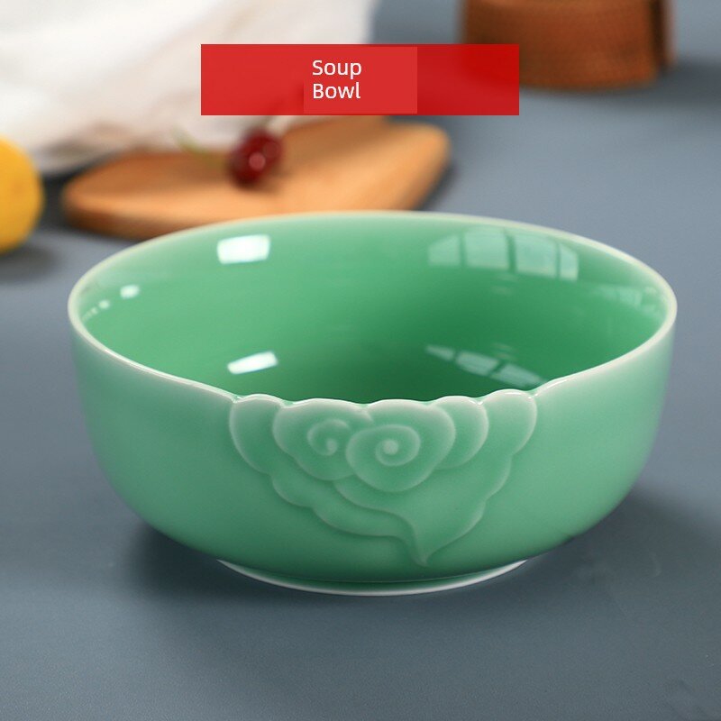 Ручная керамическая чаша Longquan Celadon с малиново-зеленым покрытием для повседневного домашнего обеда - элегантная