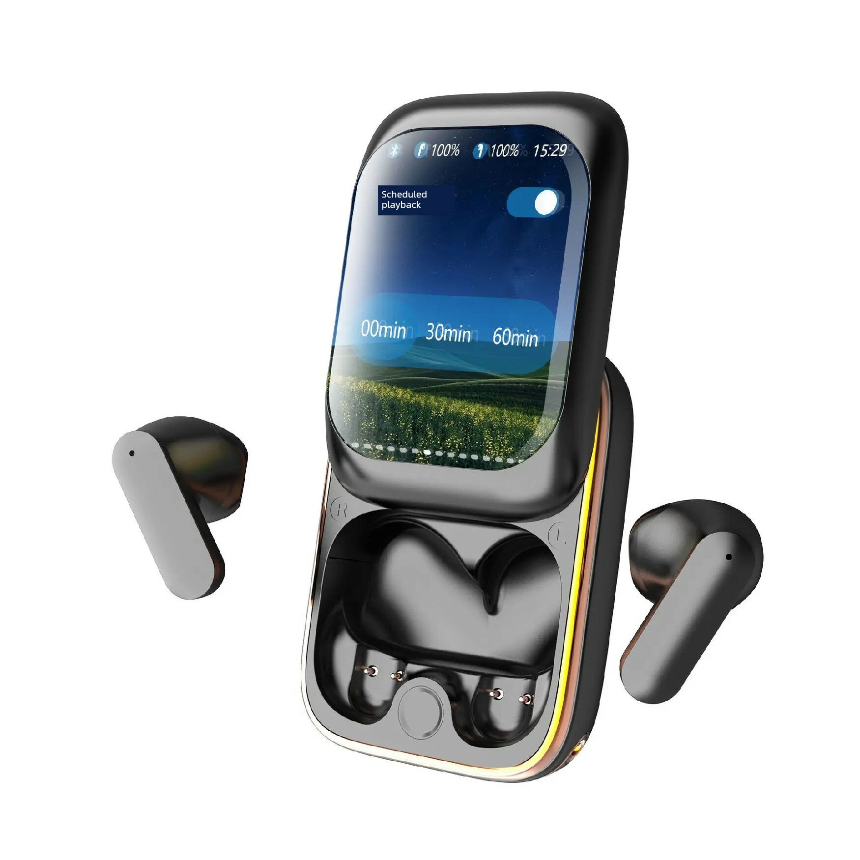 Беспроводные наушники True Wireless с цветным сенсорным экраном, длительная игра, черный цвет для смартфонов