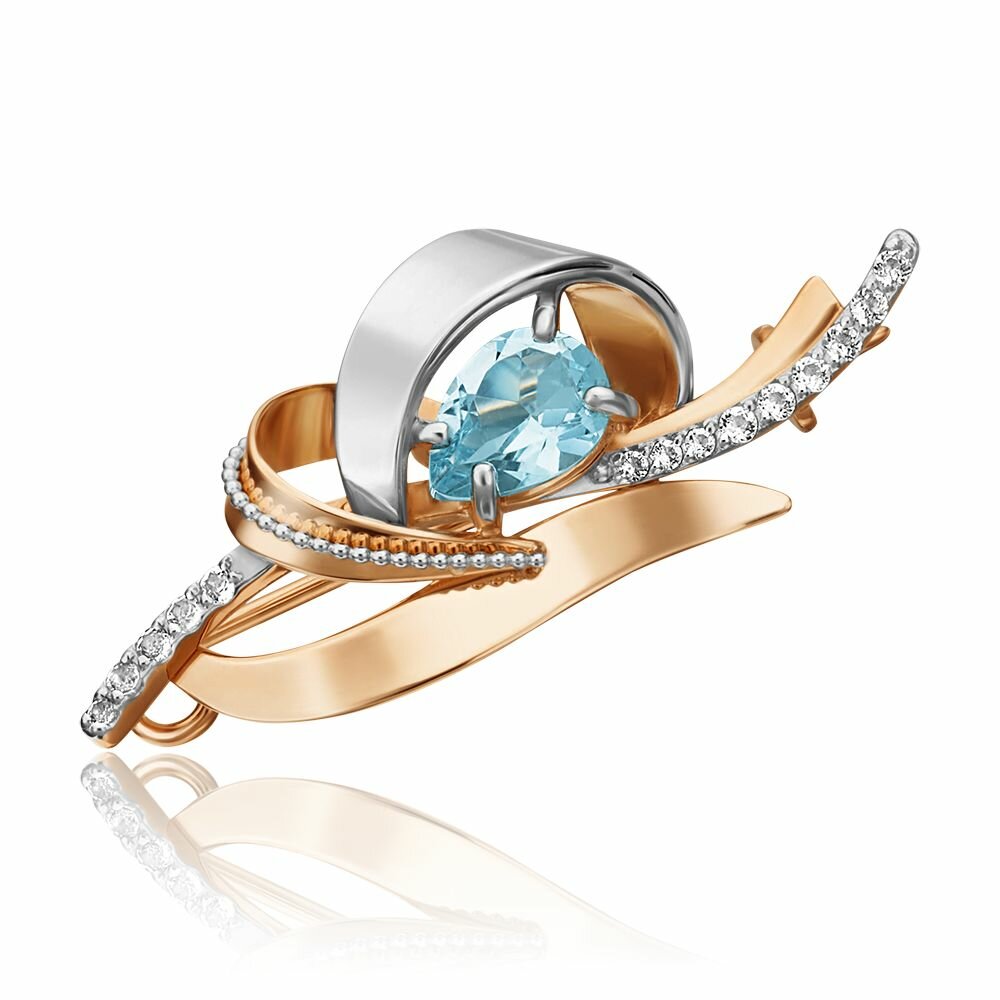 Брошь, комбинированное золото, 585 проба, родирование, топаз