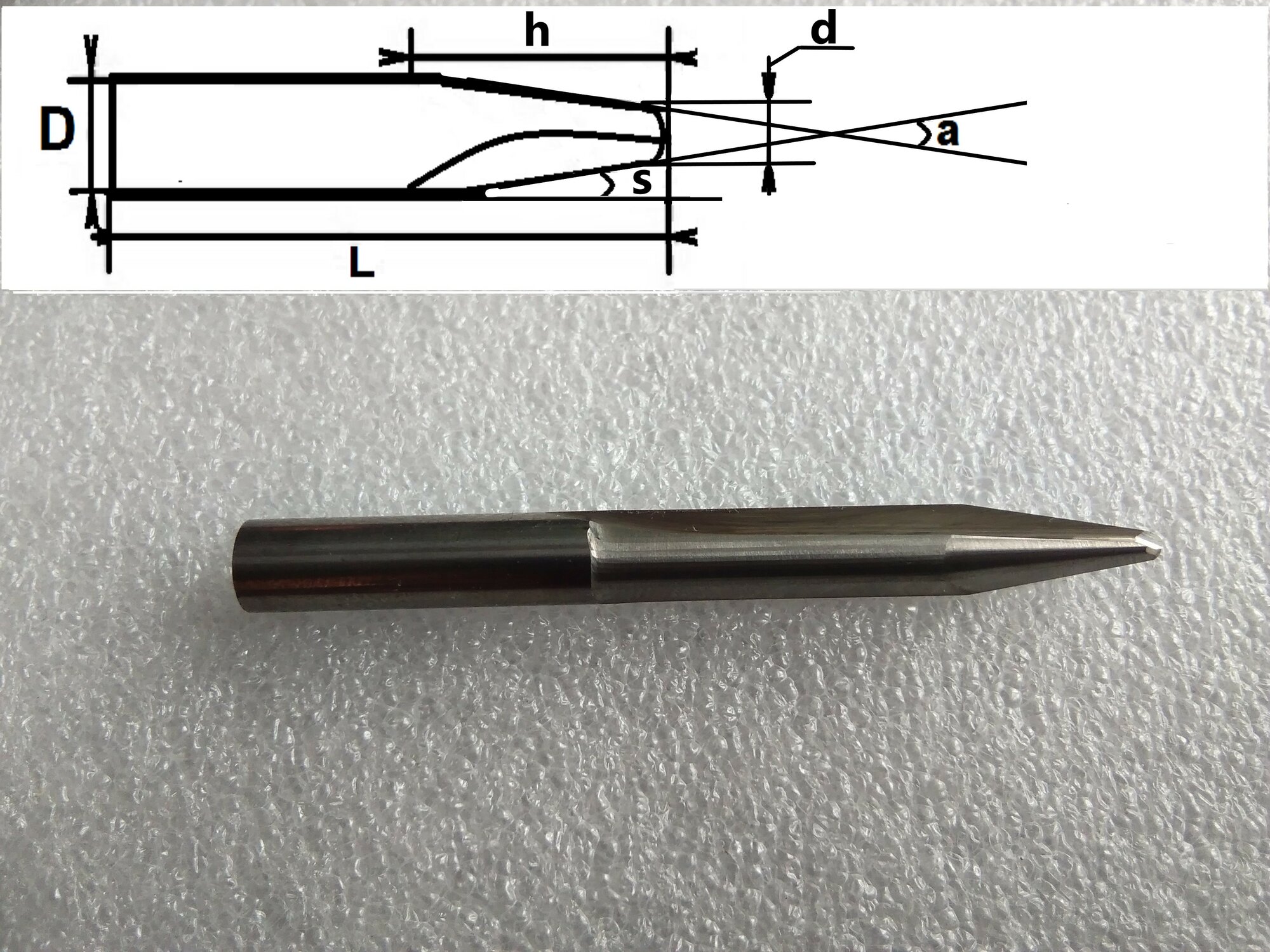 Фреза конусная прямая двухзаходная сферическая для (3D) ZQ6222: R-1.0 / d-2/ h-35/S-11/a-22/ D-6/ L-60. X series