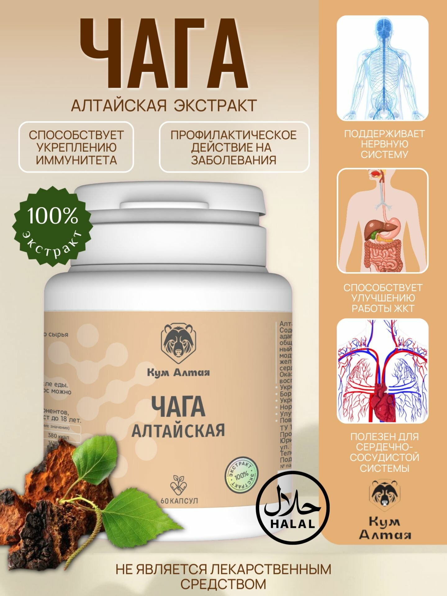 Экстракт чаги Алтайской "КумАлтая", для иммунитета, антиоксидант, 60 капсул