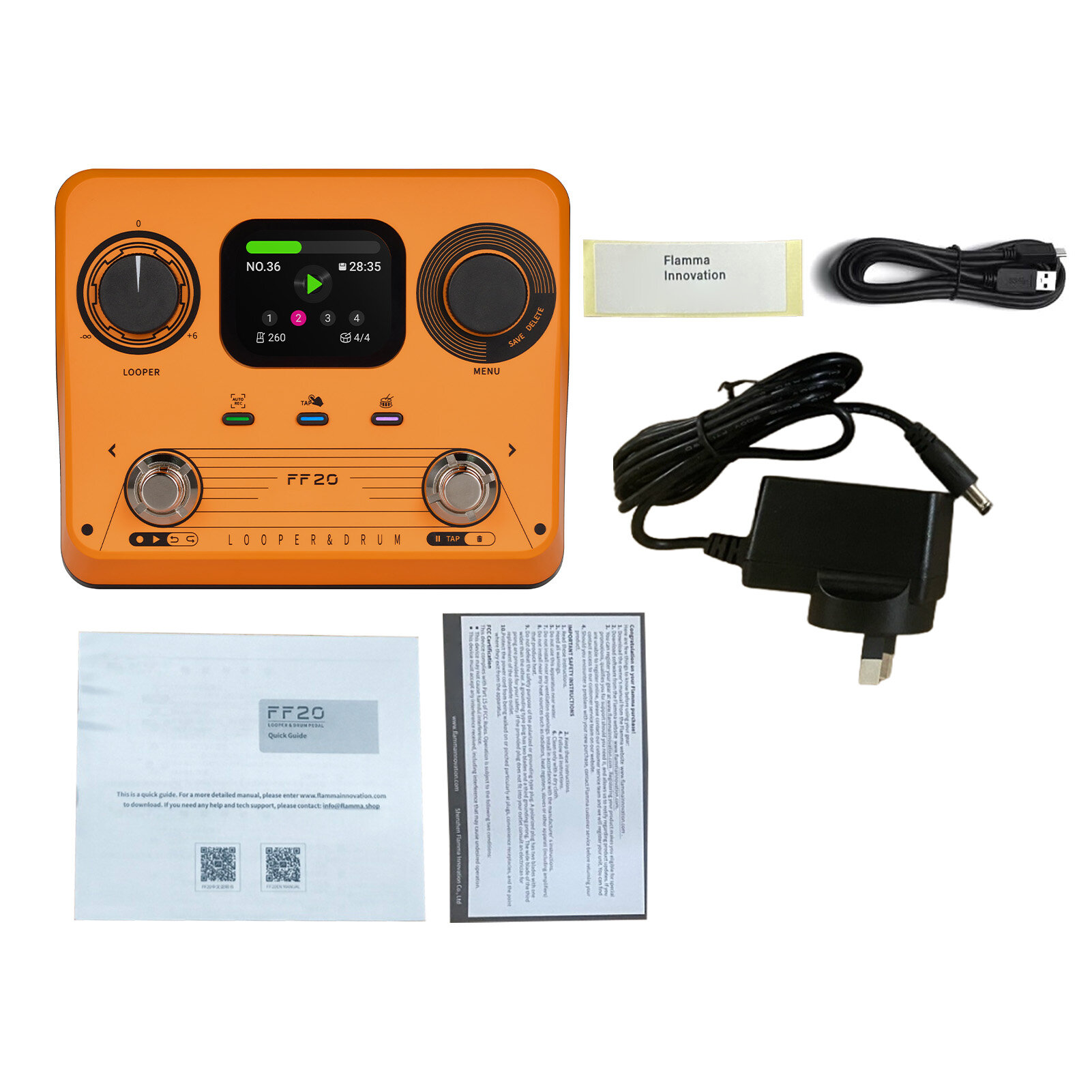 Драм-машина, лупер, гитарная педаль эффектов, двойное управление, стереозапись на 5 часов, 220 ритмических паттернов, технология растягивания времени, электронный процессор, оранжевый, австралийская вилка.