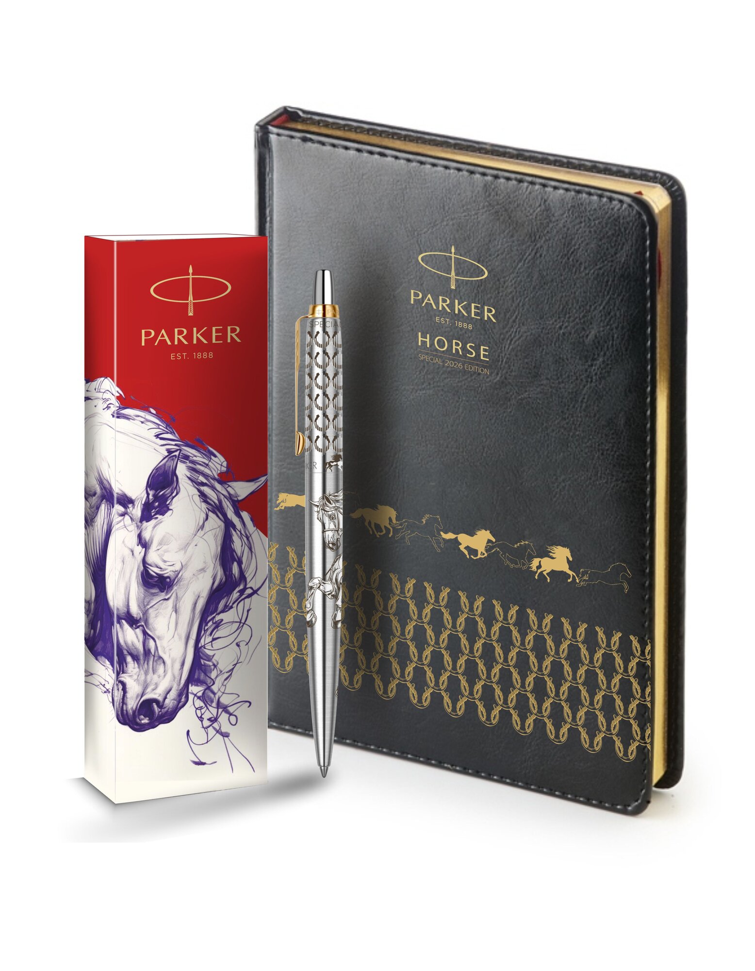 Подарочный набор: Шариковая ручка Parker Jotter Horse Special Edition в подарочной коробке и ежедневник недатированный черный с золотым срезом 1953182_LE26
