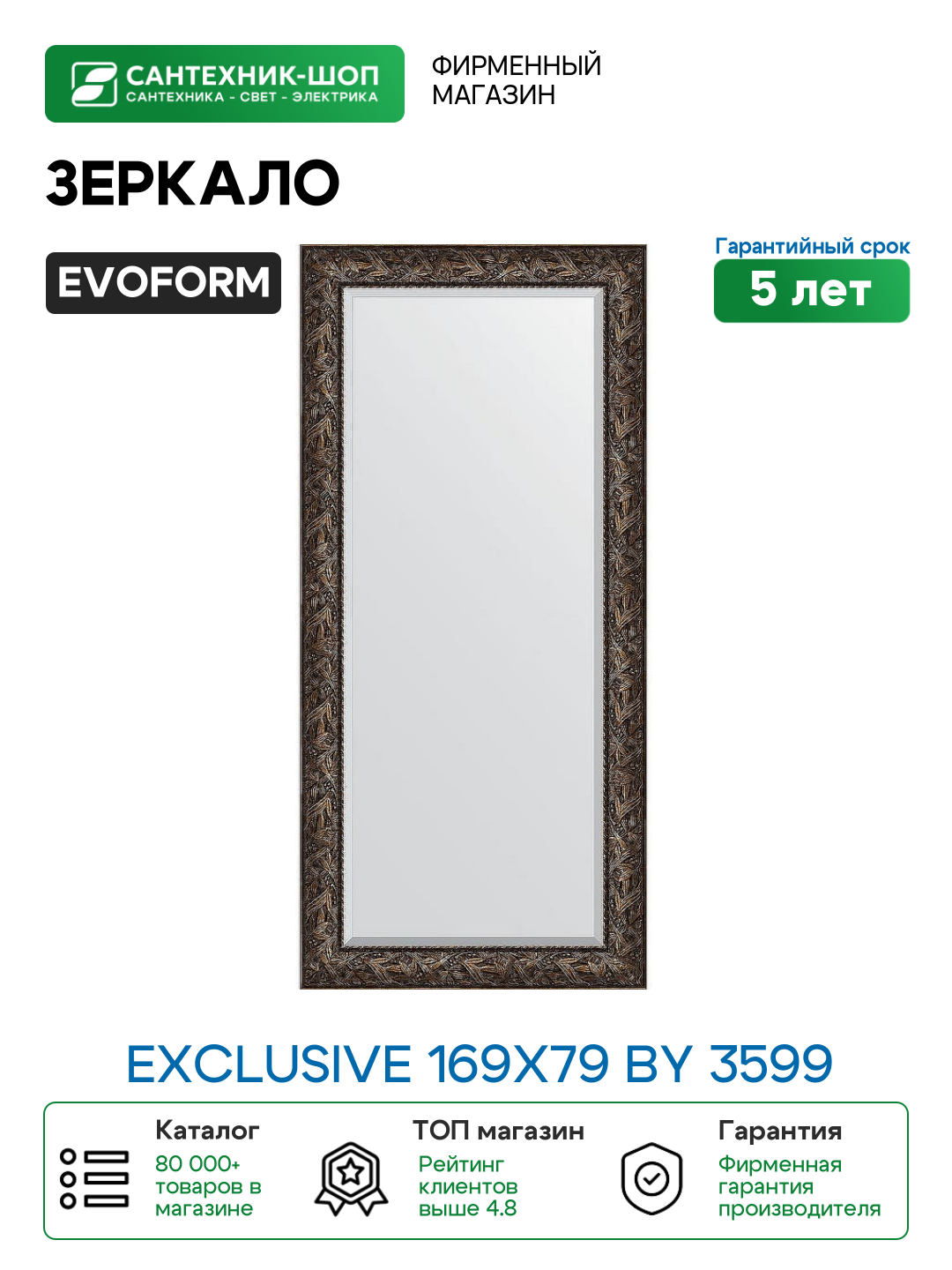 Зеркало Evoform Exclusive 169х79 BY 3599 с фацетом в багетной раме - Византия бронза 99 мм стекло