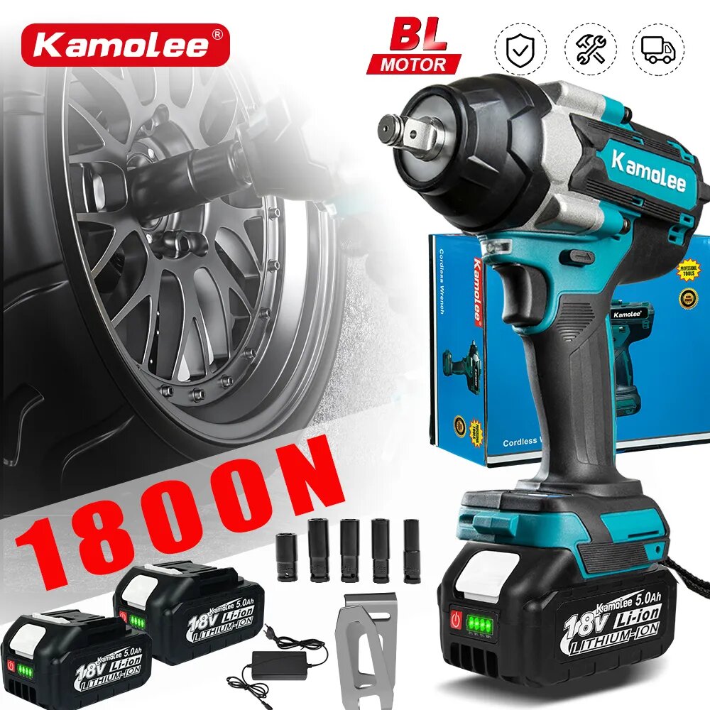 Электрический ударный гайковерт Kamolee DTW700, 1/2 дюйма, 1800 НМ, мощность 2600 Вт, с 5 ударными головками