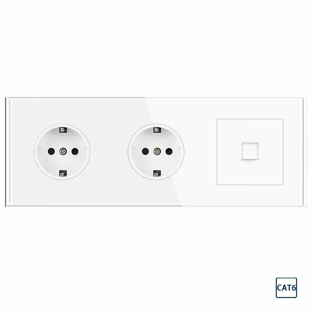 Розетка электрическая 3 поста 220В +Розетка Компьютер RJ-45 CAT6 Белый Стекло