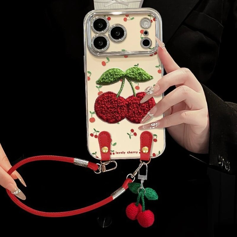 Плюшевый чехол для телефона с вышивкой вишни для iphone 17, 16, 14, 13, 12, 11 Pro for iphone 16