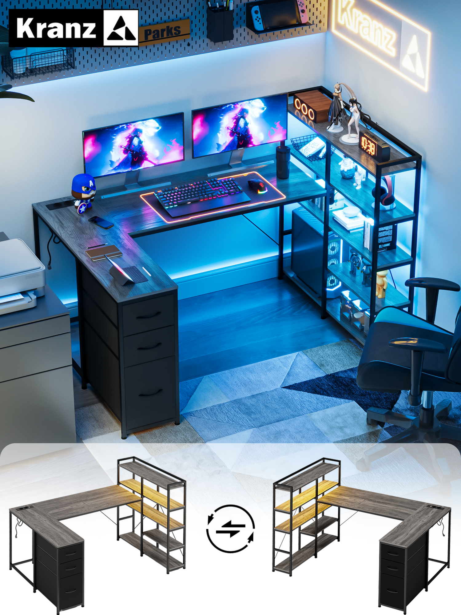 Компьютерный стол Kranz, угловой, с LED-подсветкой и розетками, 154 см