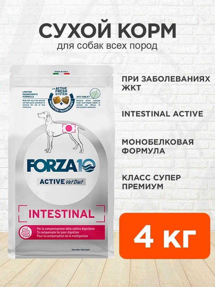 Корм сухой Forza10 Dog Active Vet Diet Intestinal для взрослых собак всех пород при заболеваниях ЖКТ, 4 кг