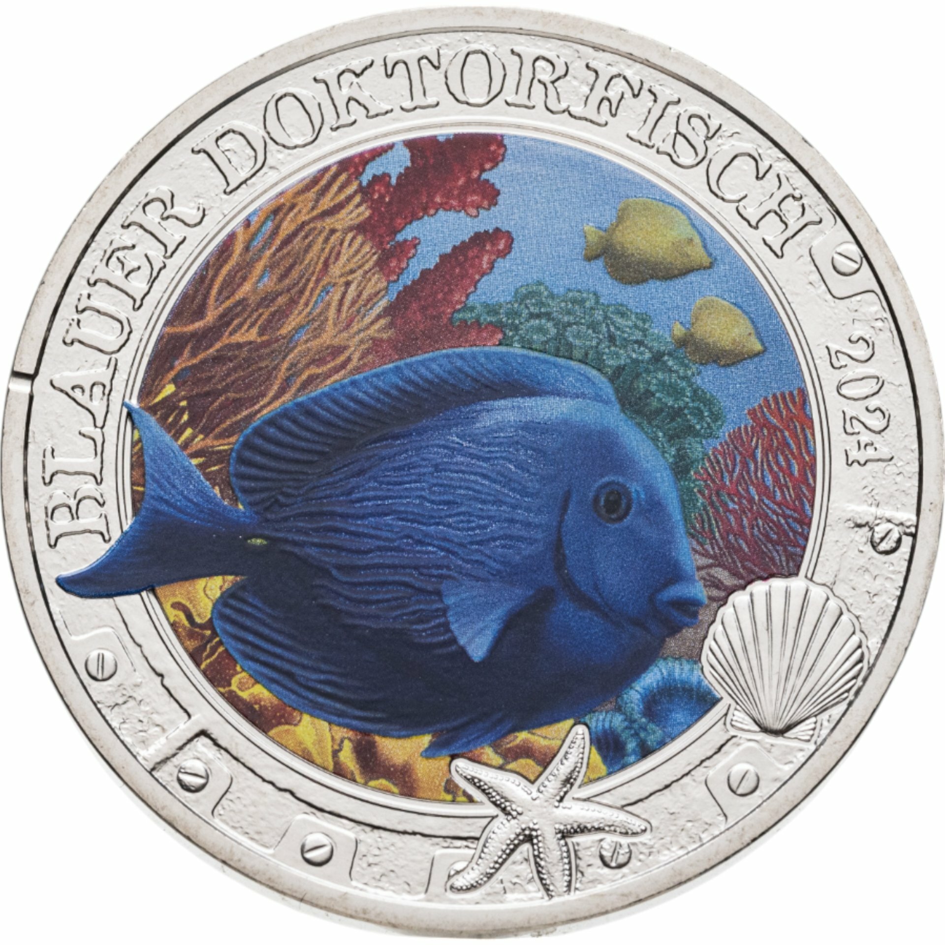 Австрия 3 евро 2024 "Светящаяся морская жизнь - Рыба хирург синяя", Мельхиор медь-никель, в сохранности UNC