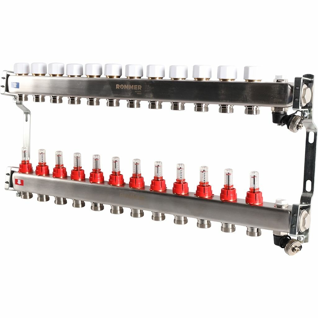 Коллектор ROMMER для теплого пола из нержавеющей стали с расходомерами, с клапаном и сливом 12 контуров RMS-1201-000012