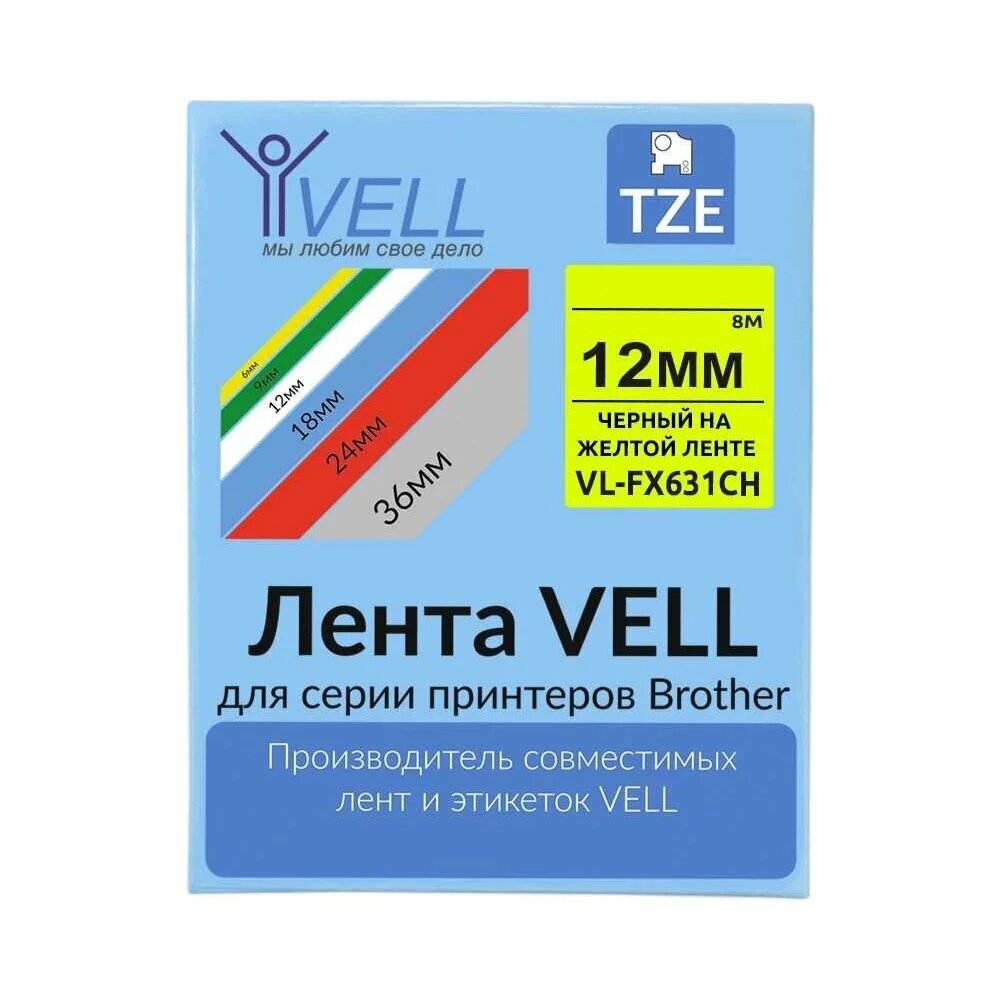 Лента Vell VL-FX631CH черный на желтом, термотрансферная для принтеров Puty PT‑100E/100ECH и Brother D200/E110 поддержка — фото 1